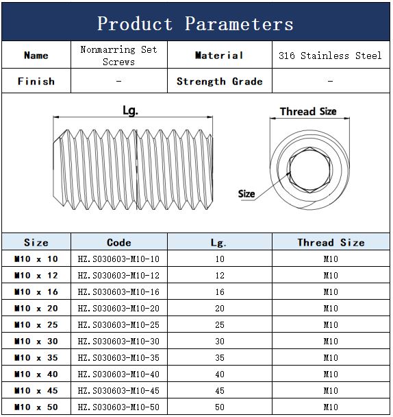 M10 316 Stainless Steel Nonmarring Set Screws Fastener Manufacturer