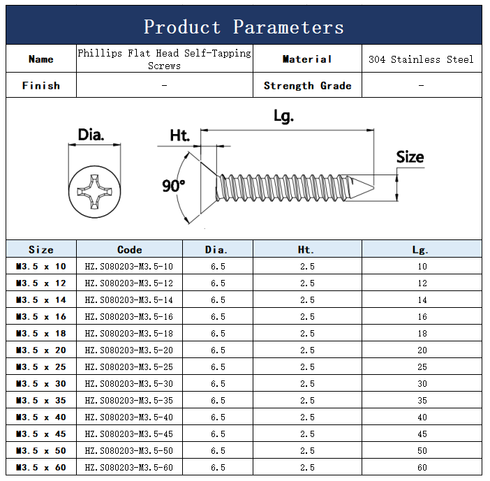 M3 5 304 Stainless Steel Phillips Flat Head Self Tapping Screws M3 5 304 Stainless Steel Phillips Flat Head Self Tapping Screws
